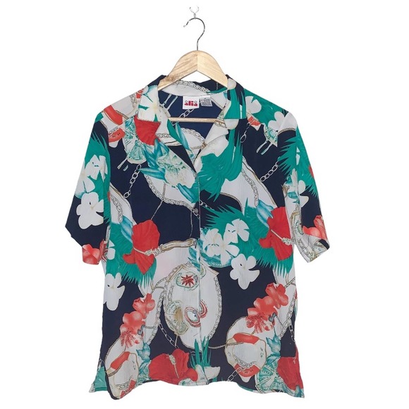 Alia | Tops | Alia All Over Tropical Grapic Button Up Top Crepe Fabric ...